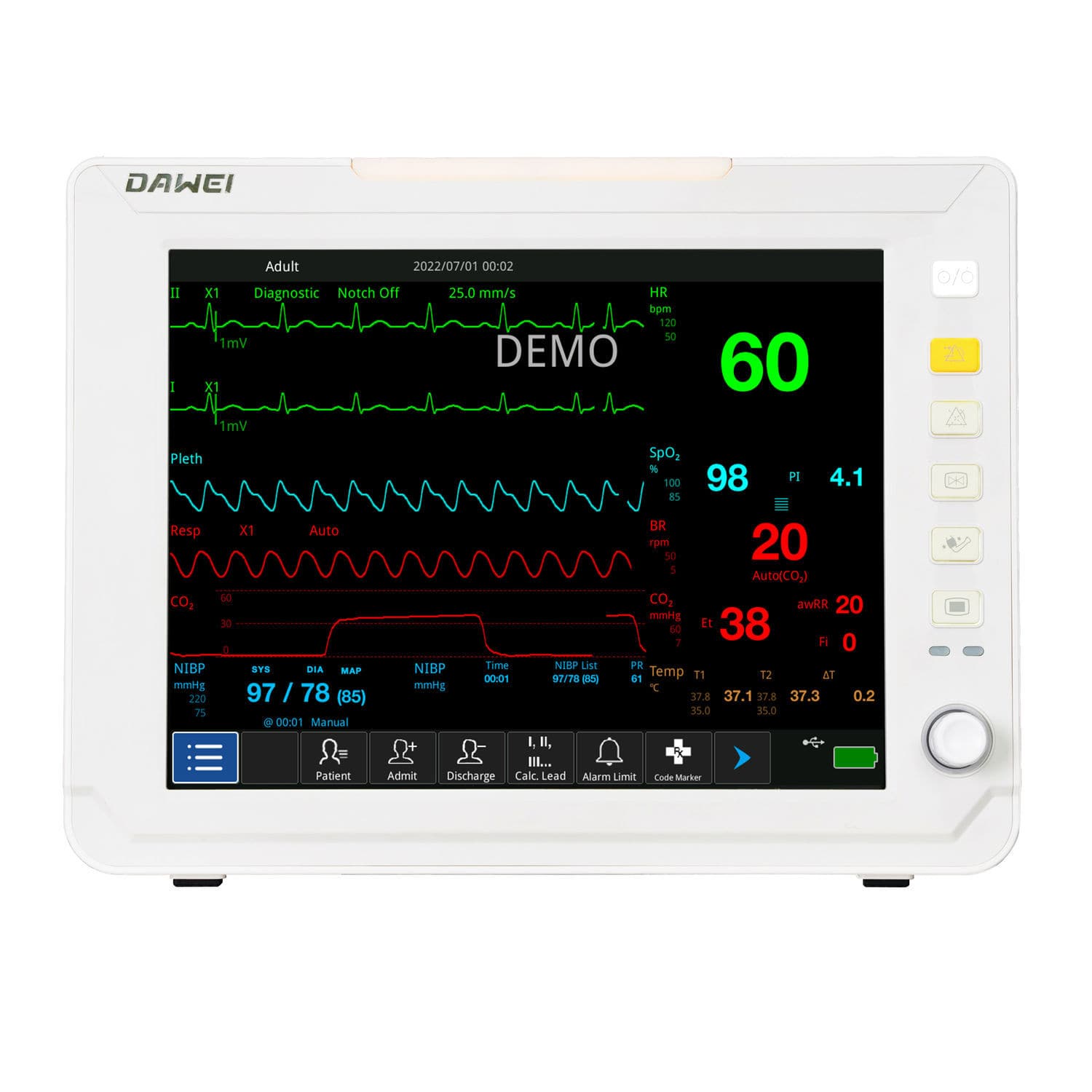Monitor de paciente portátil - HM-10 - Dawei Medical - ECG / RESP / TEMP
